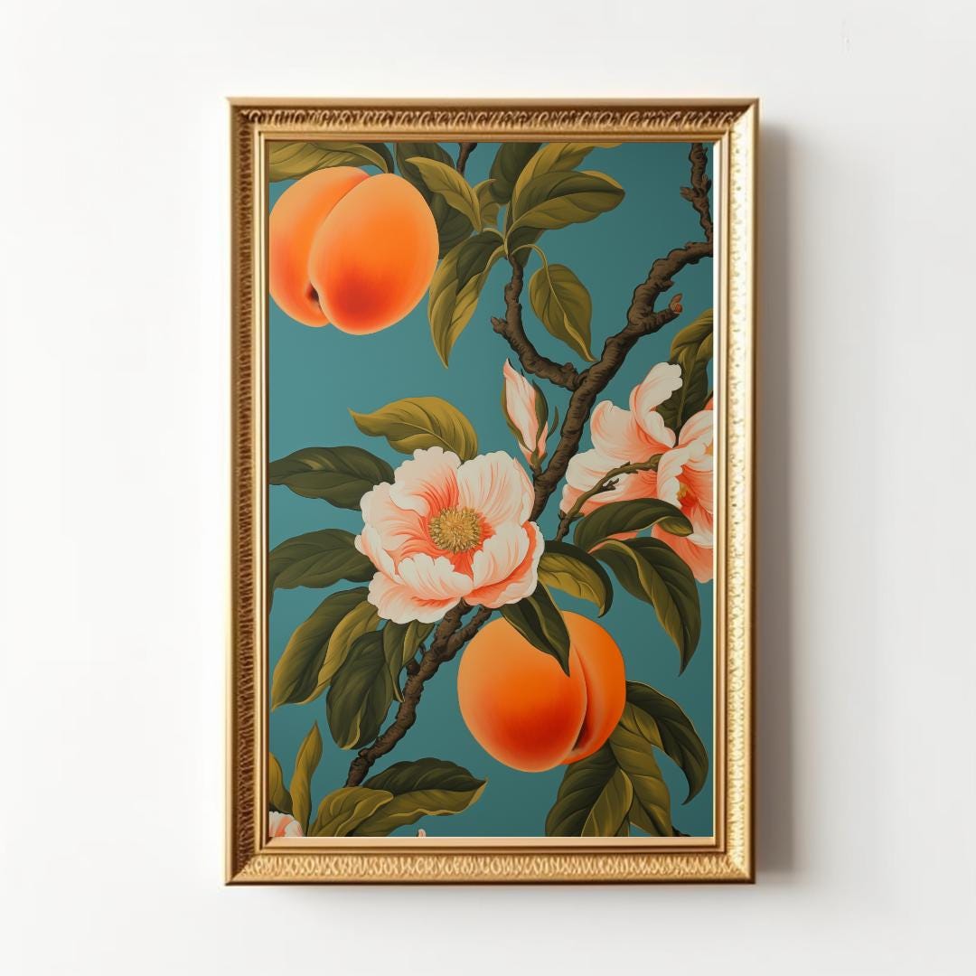 Boho Peach Print, Printable Vintage Peach Tree Wall Art, Vintage Peony ...