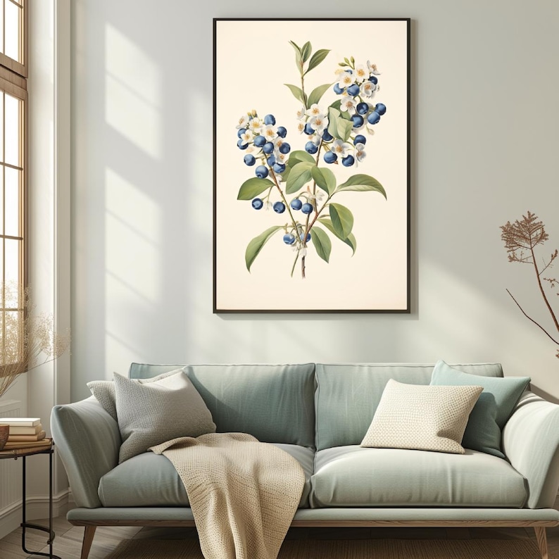 Vintage Blueberry Art Print, Printable Blueberries Wall Art, Botanical ...