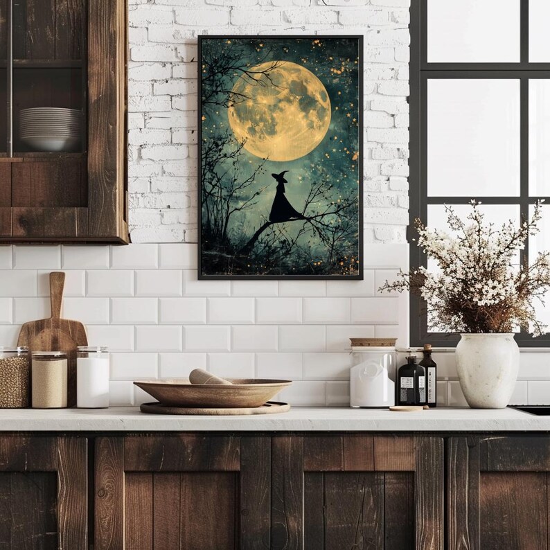Vintage Witch Print, Printable Witchy Wall Art Full Moon Witching Hour ...