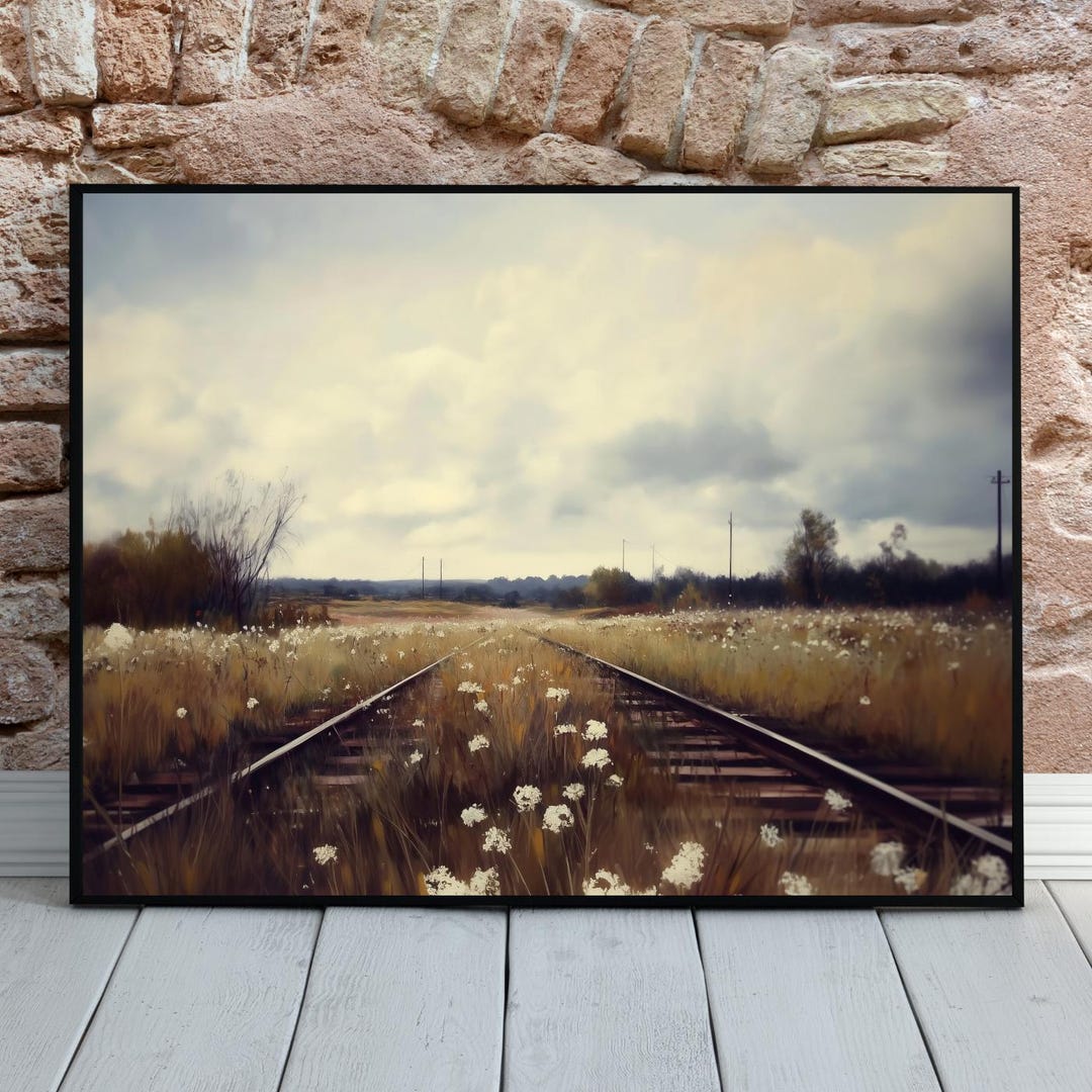 Moody Train Track Painting Printable Wildflower Wall Art Vintage ...