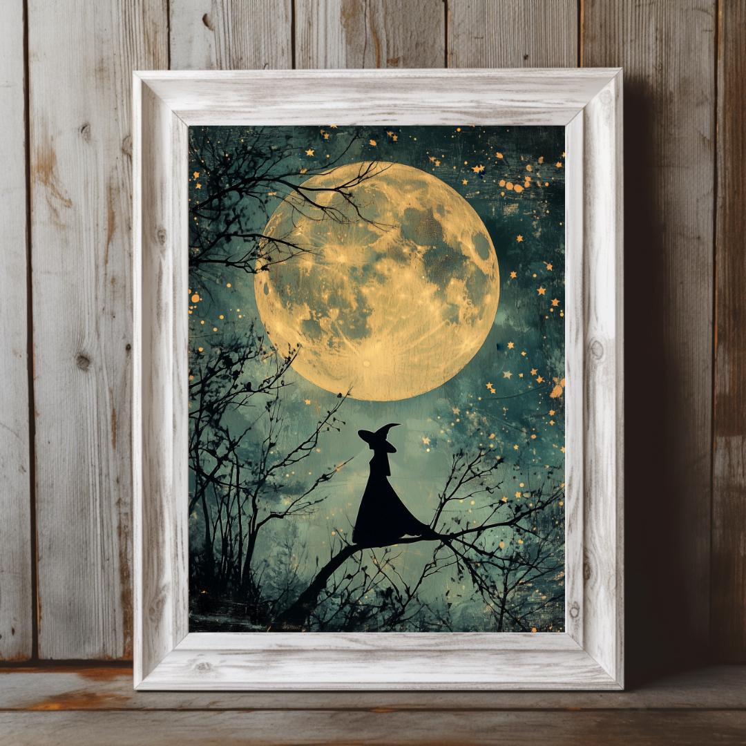 Vintage Witch Print, Printable Witchy Wall Art Full Moon Witching Hour ...