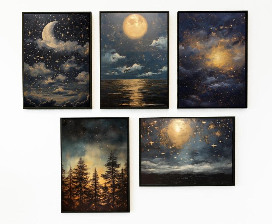 Night Sky Art Print Bundle, Printable Stars and Moon Wall Art, Set of 5 ...