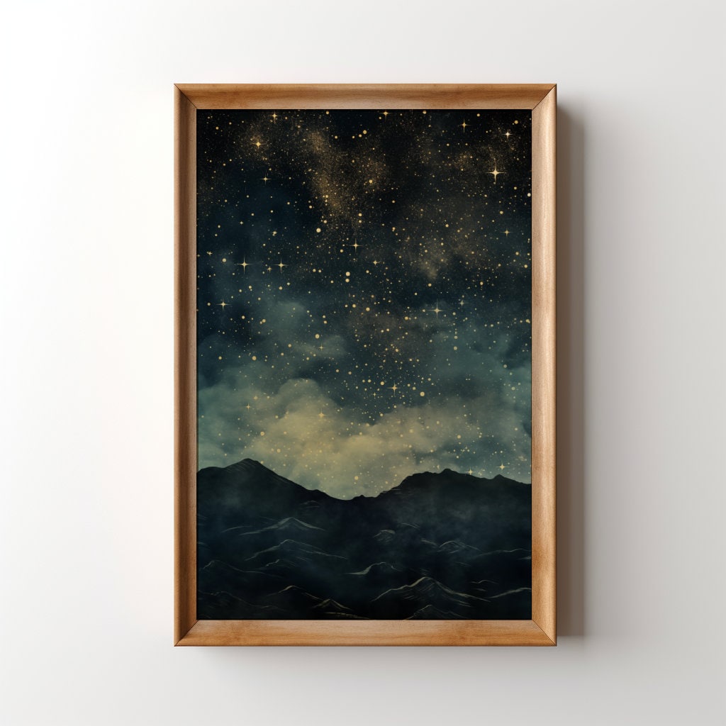 Vintage Night Sky Print: Printable Mountain Galaxy Painting, Moody ...