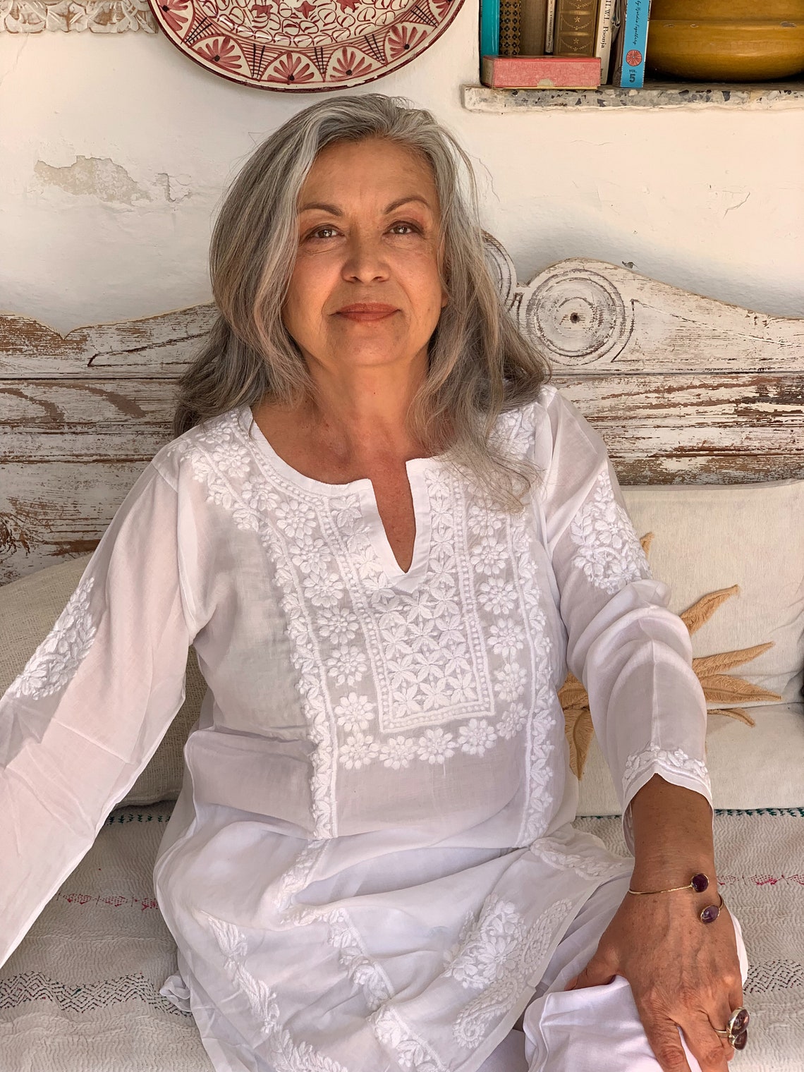 White Organic Linen Tunica With Beautiful Hand Embroidery, Resortwear ...