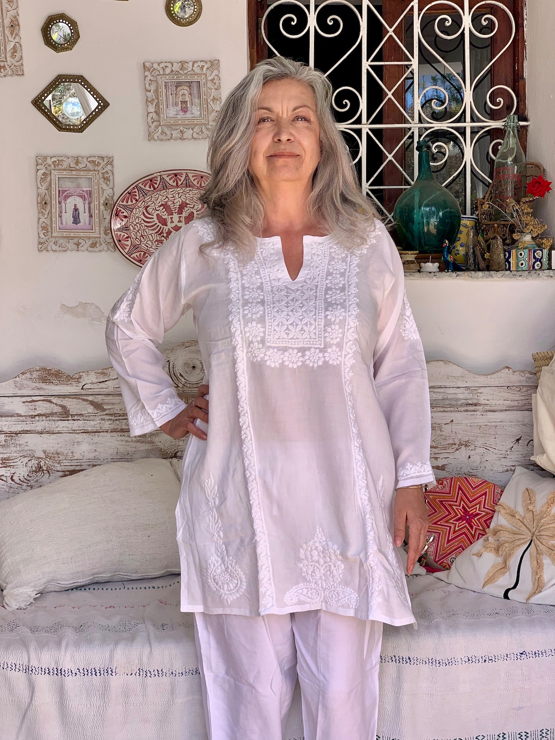 White Organic Linen Tunica With Beautiful Hand Embroidery, Resortwear ...