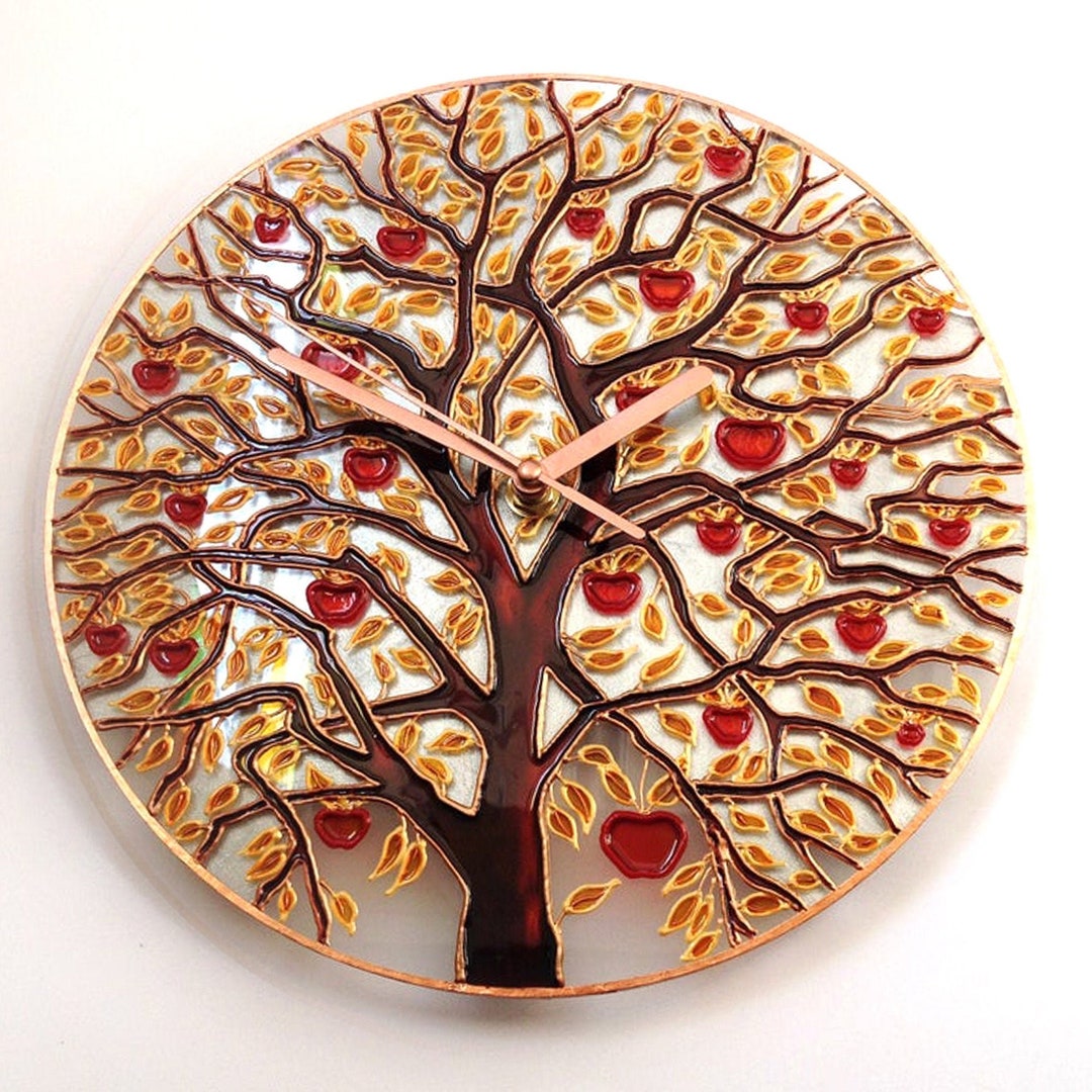 Autumn Tree Wall Clock: Hand-painted Art, Silent Clock & Tempered Glass ...
