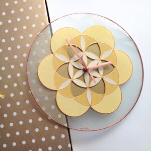 Painted Glass Flower Wall Clock: Yellow Sacred Geometry Mandala Flower ...