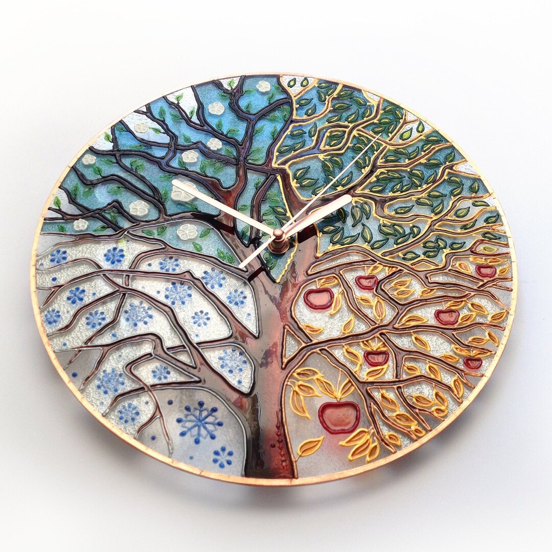 Four Seasons Tree Decor: Hand Painted Glass Wall Clock in 10"-24 ...