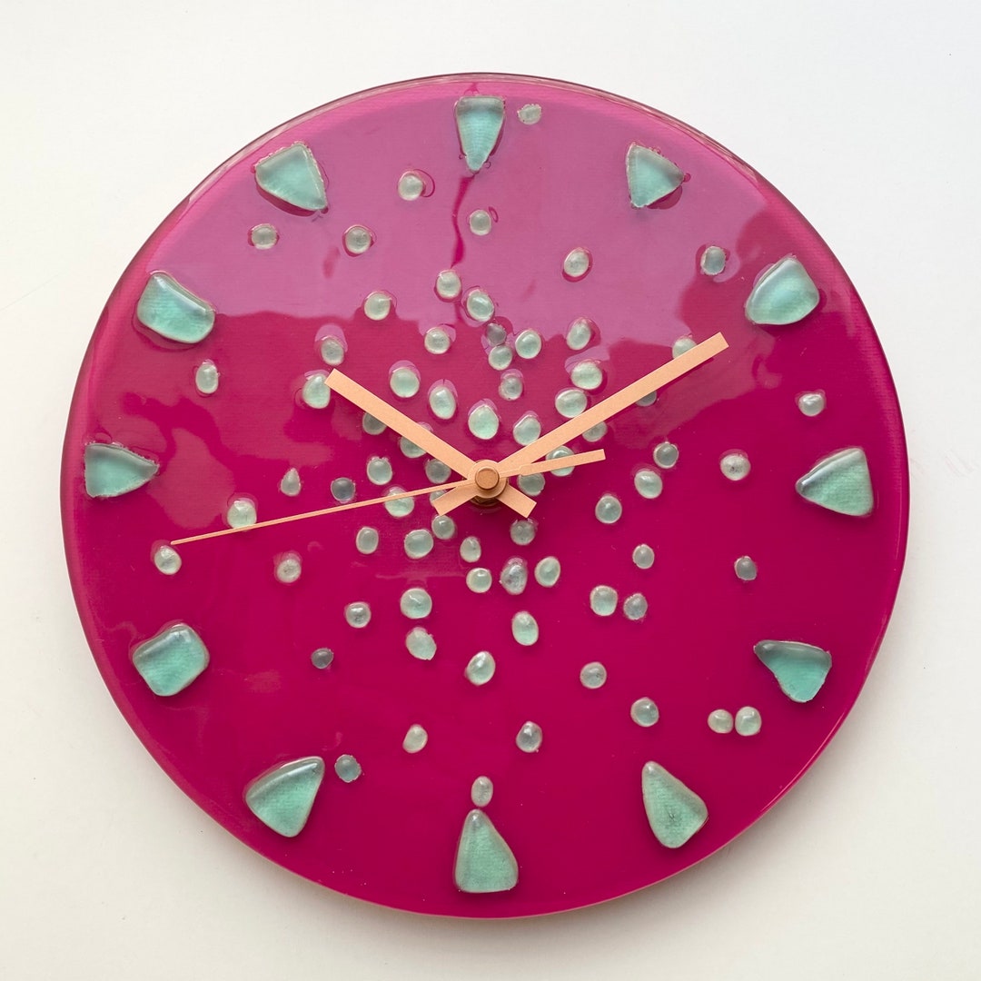 Fused Glass Clock, Recycled Glass Clock, Magenta Wall Decor, Unusual ...