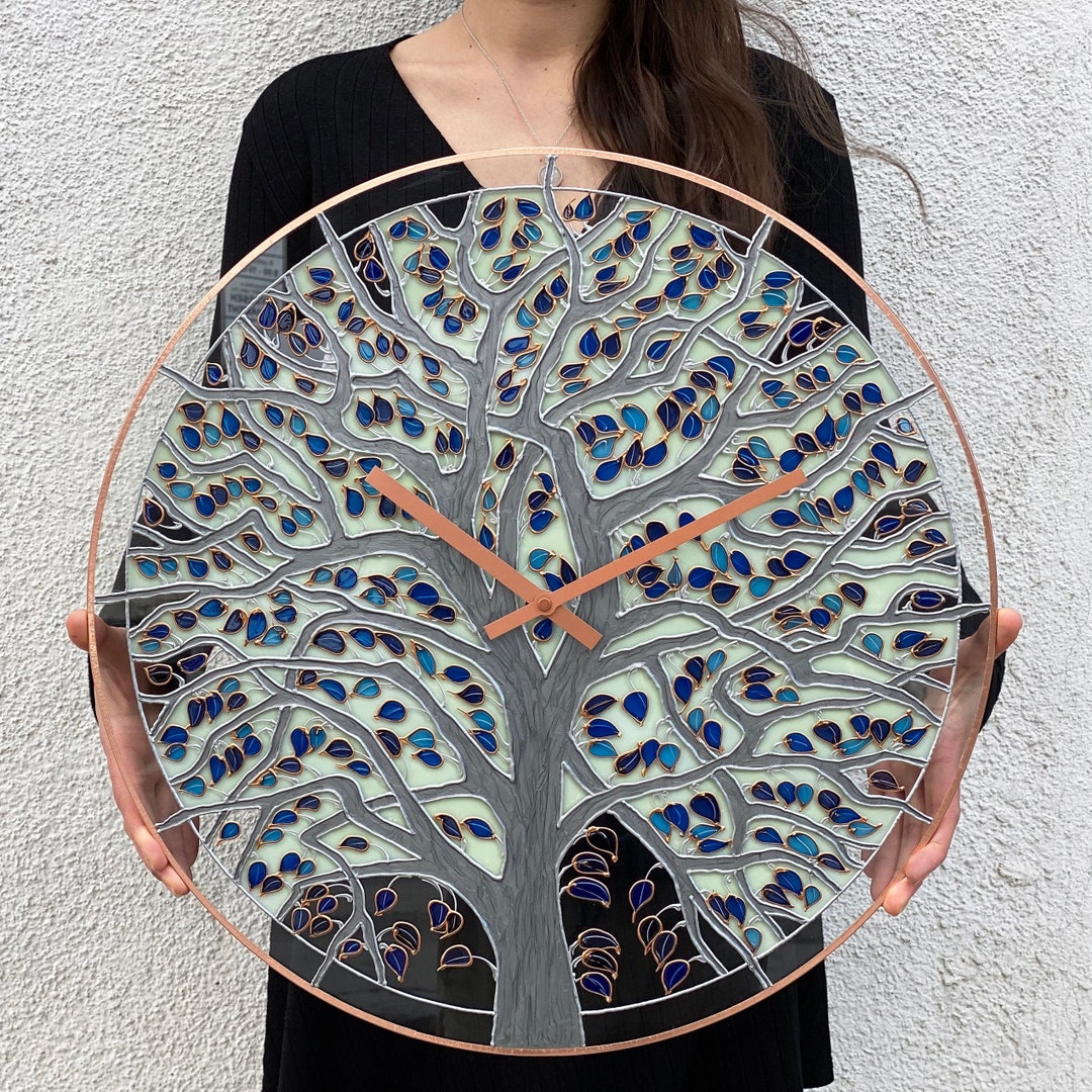 Hand Painted Glass Clock: Oversized Silver Tree With Copper, Glow in ...