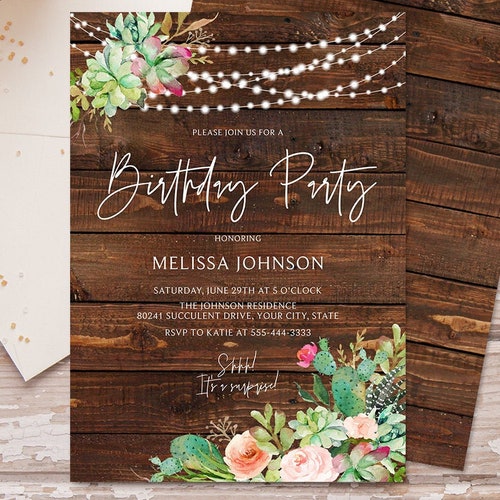 Editable Succulent Birthday Invitation Template Instant - Etsy