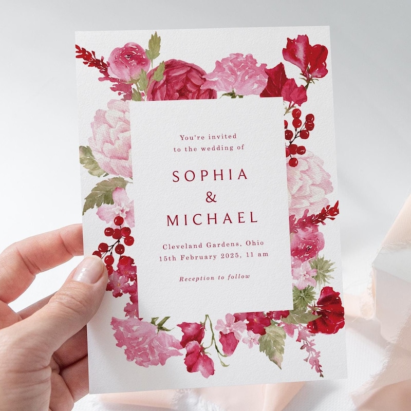 Red Floral Wedding Invitation - Etsy