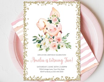 Pig Birthday Party Invitation Editable Template Farm | Etsy