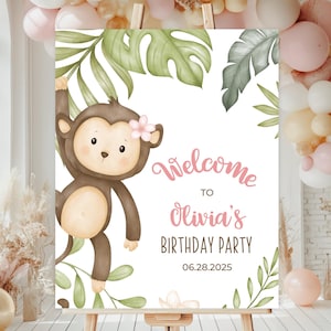 Girl Monkey Welcome Sign, 24x30, Jungle Animal Welcome Poster, Baby ...