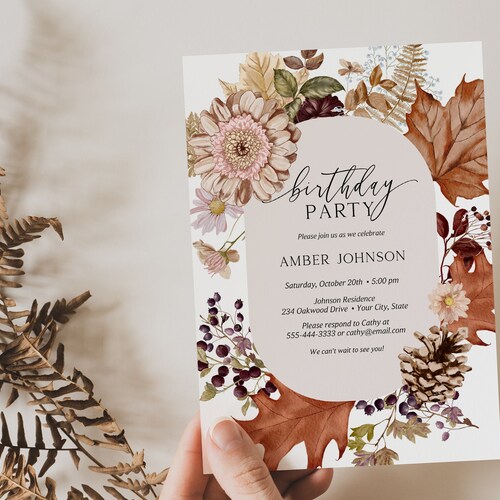 Printable Fall Floral Birthday Party Invitation Template - Etsy