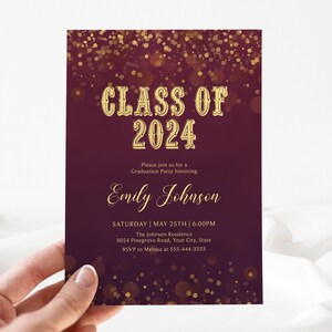 Graduation Party Invitation, Burgundy and Gold Bokeh Graduation Invite ...