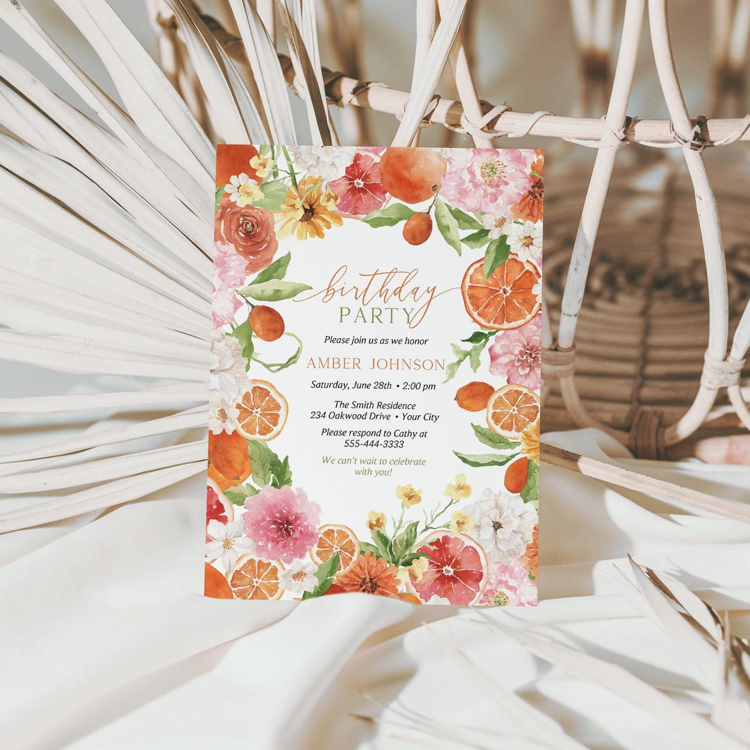 Citrus Birthday Party Invitation Template, Boho Summer Fruit Woman's ...