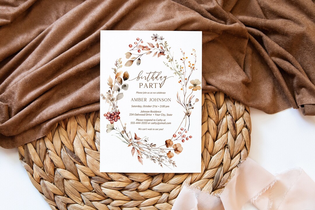 Autumn Birthday Party Invitation, Fall Foliage Birthday Invite ...