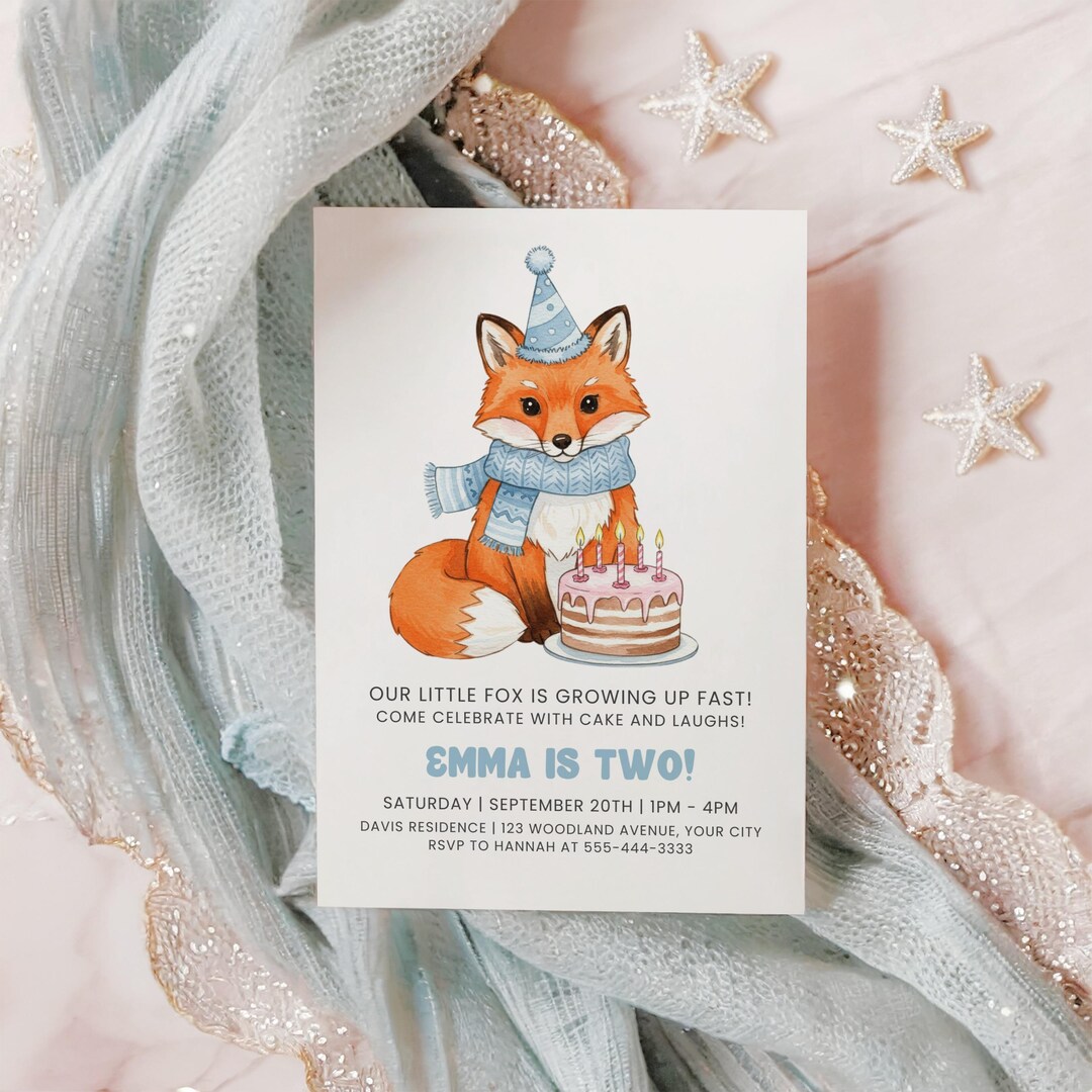 Fox Birthday Invitation Template, Cute Animal Party Invite, Printable ...