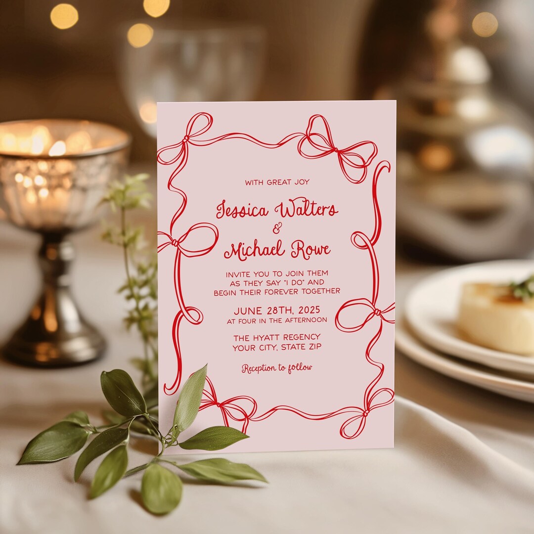 Coquette Bow Wedding Invitation, Pink and Red Hand Drawn Ribbon Wedding ...