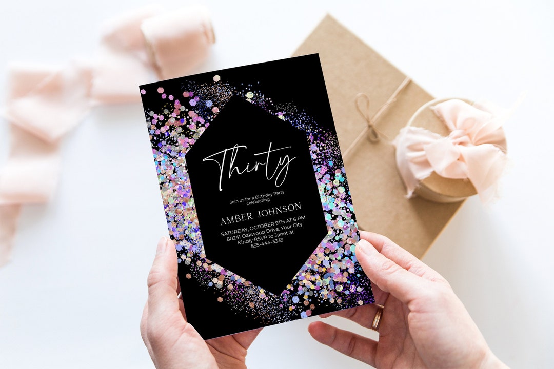 Glitter Holographic Thirty Birthday Party Invitation, Modern Birthday ...