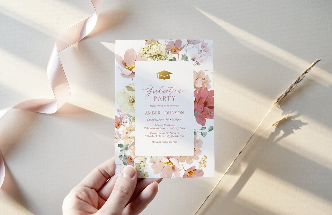 Blush Pink Floral Graduation Party Invitation, Spring Floral Graduation ...