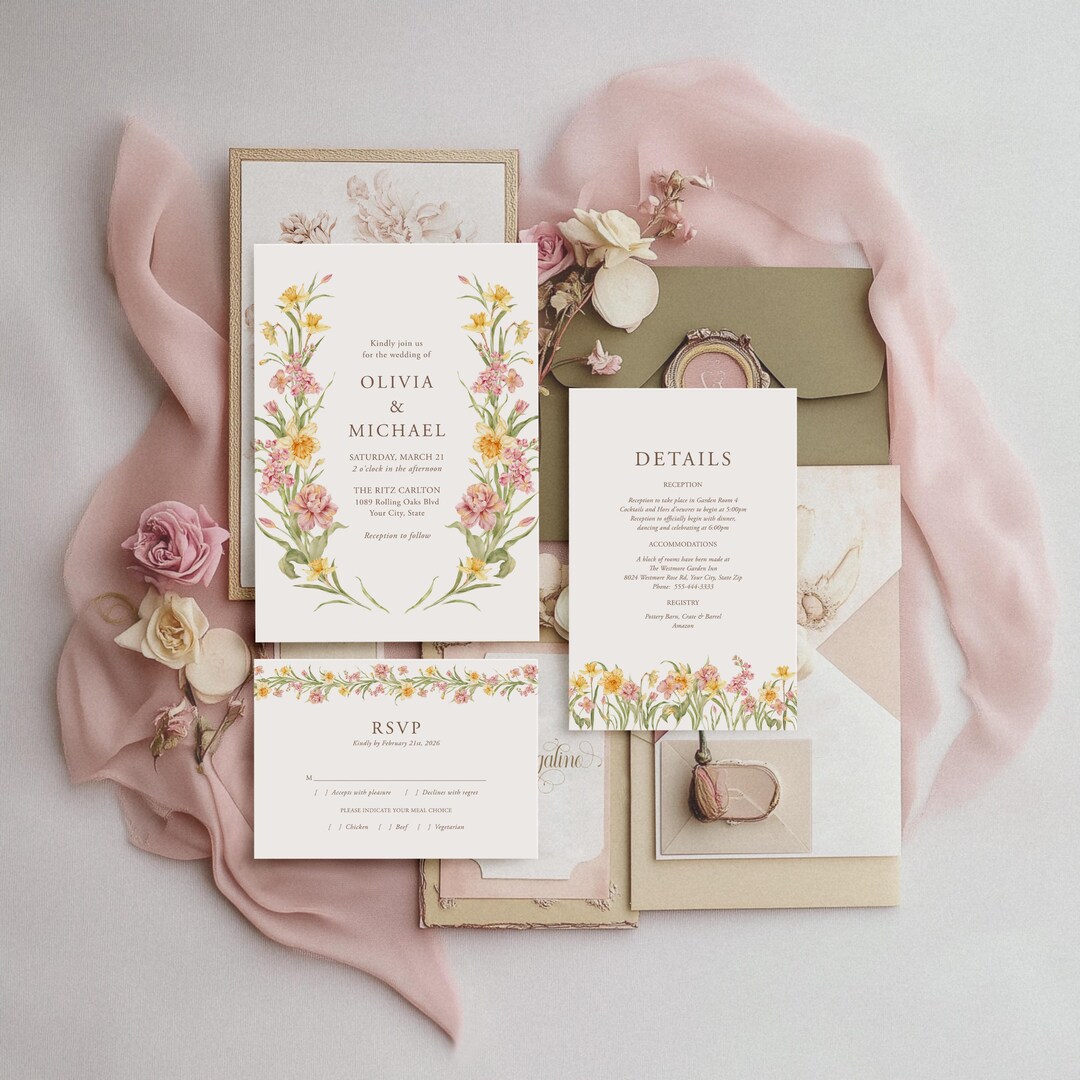 Daffodil Wedding Invitation Template, Watercolor Floral Suite, Corjl ...