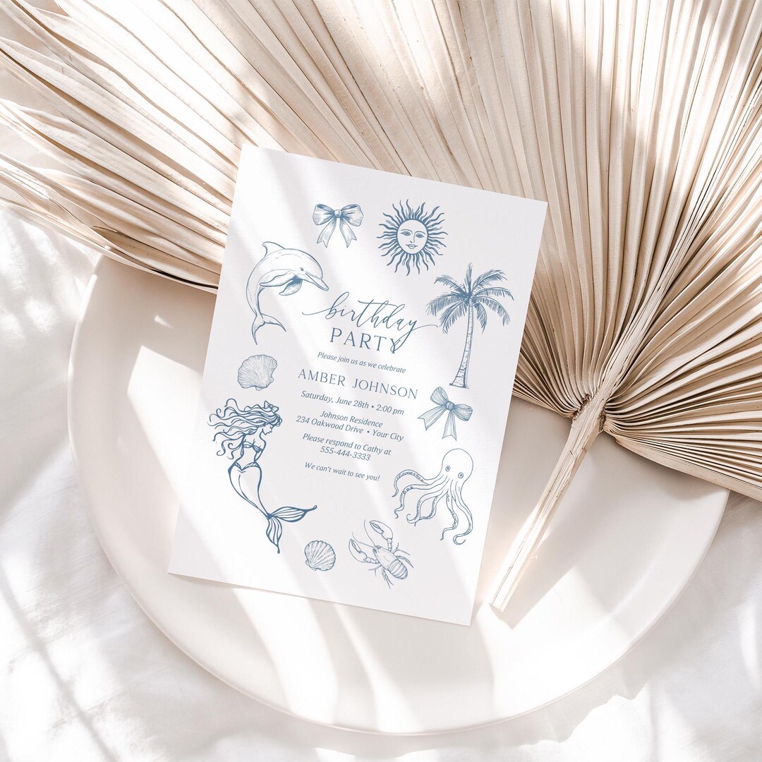 Coastal Birthday Party Invitation Template, Vintage Ocean Theme Invite ...