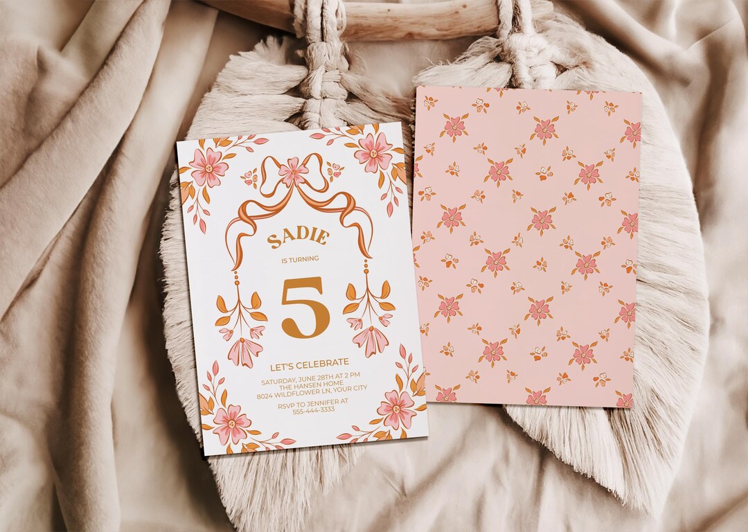 Vintage Wildflower 5th Birthday Party Invitation Template Pink Orange ...
