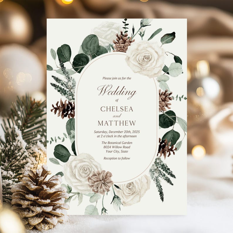 Winter Wedding Invitation Template, Elegant Floral, Pine Cone ...