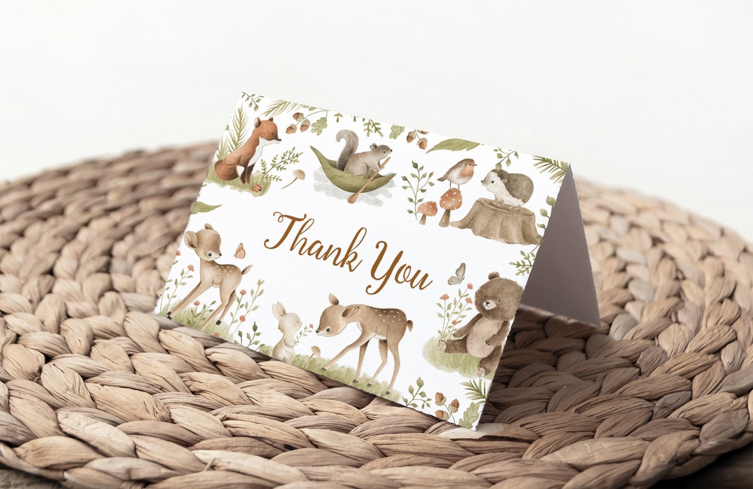 Woodland Thank You Card, Forest Animals Thank You Note, Cottagecore ...
