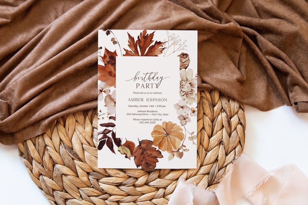 Autumn Birthday Party Invitation, Fall Floral Birthday Invite, Pumpkin ...