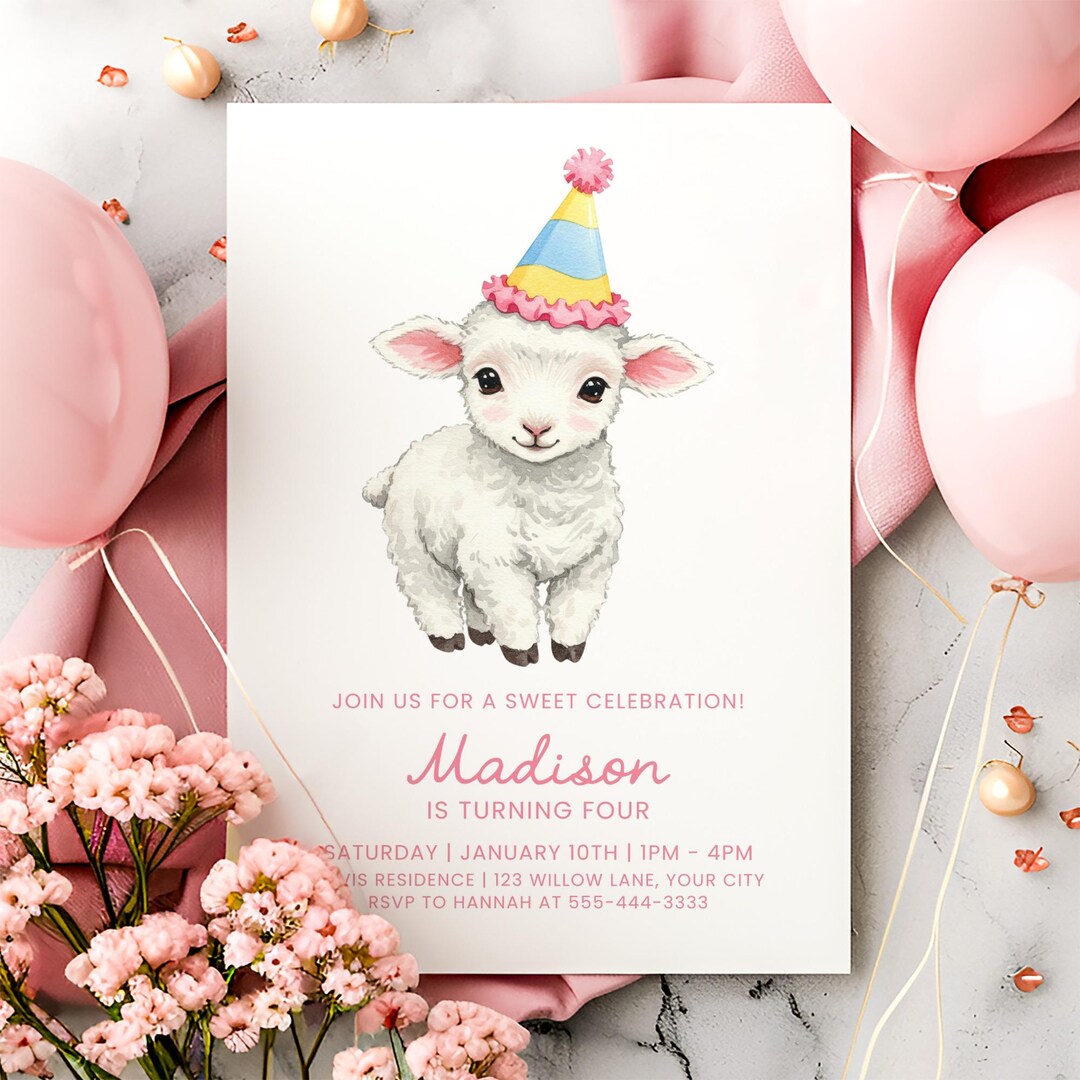 Lamb Birthday Invitation Template, Cute Animal Invite, DIY Party ...