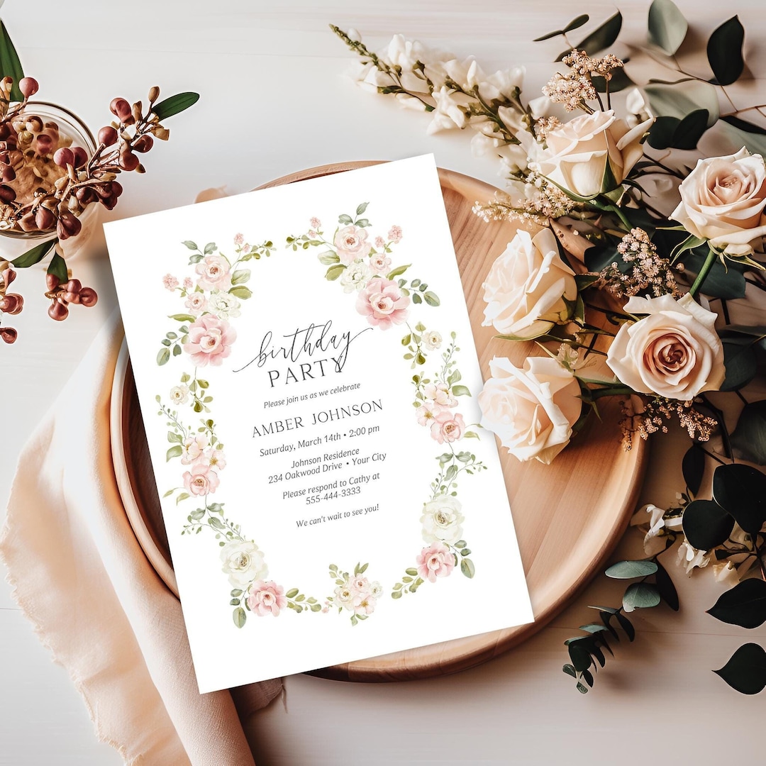 Blush Pink Rose Birthday Party Invitation, Woman's Birthday Party ...
