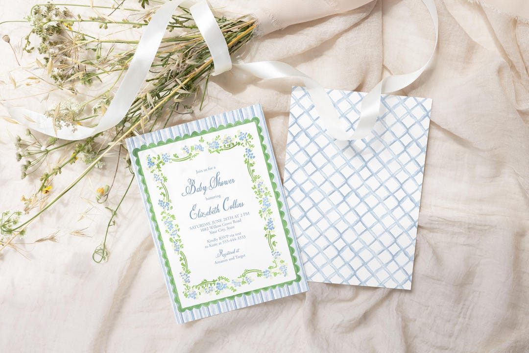 Preppy Baby Shower Invitation, Editable Blue and Green Floral Template ...
