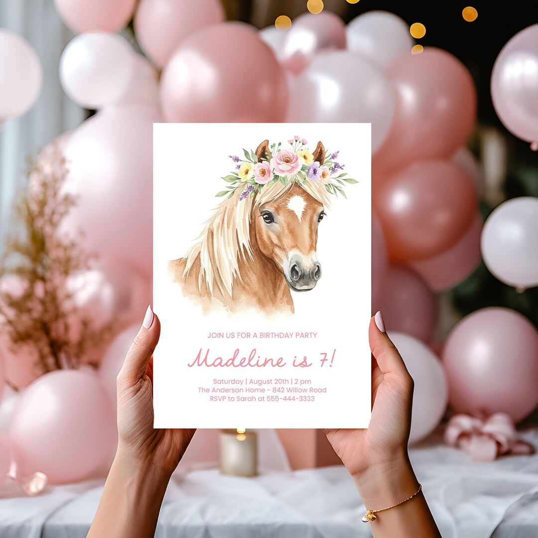 Horse Birthday Invitation for Girls, Boho Floral Pony Party Invite ...