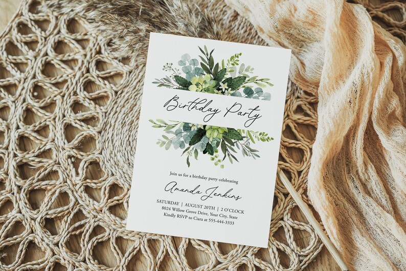 Boho Greenery Birthday Party Invitation, Bohemian Birthday Invite ...