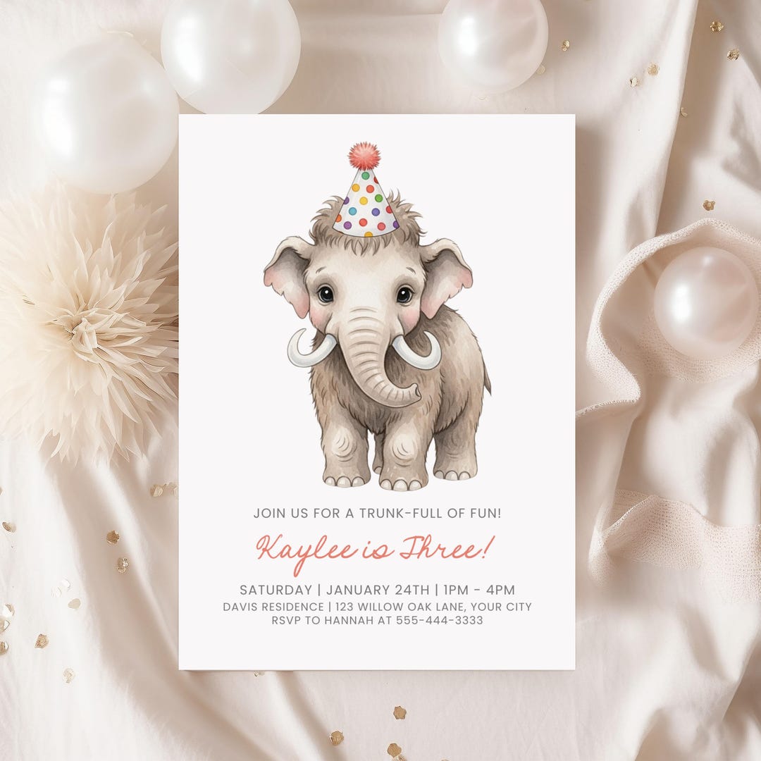 Wooly Mammoth Invitation Template, Corjl Editable Party Invite, Cute ...