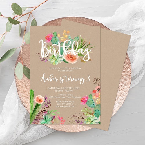 Cactus Birthday Party Invitation Template Editable Fiesta - Etsy