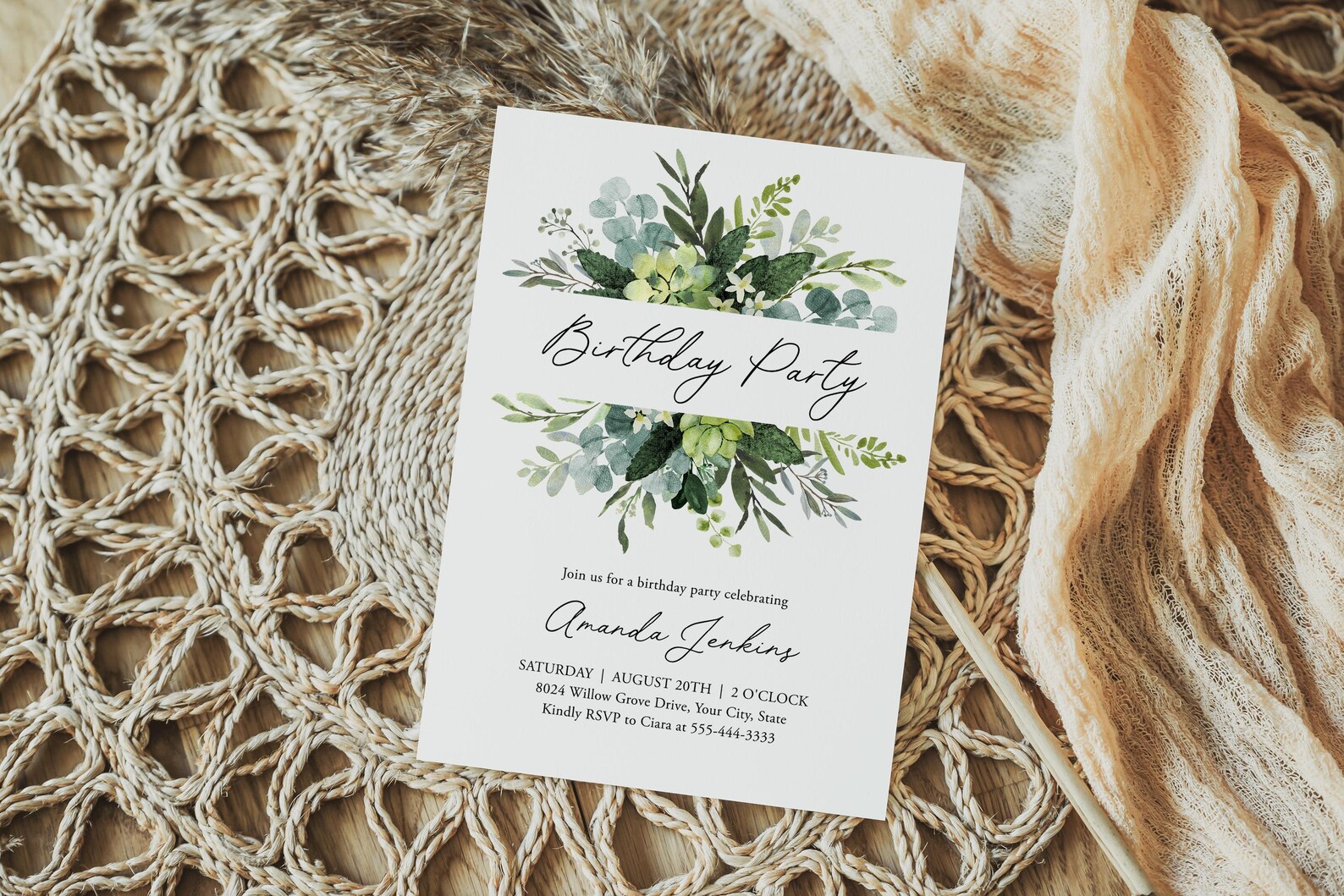 Boho Greenery Birthday Party Invitation, Bohemian Birthday Invite ...