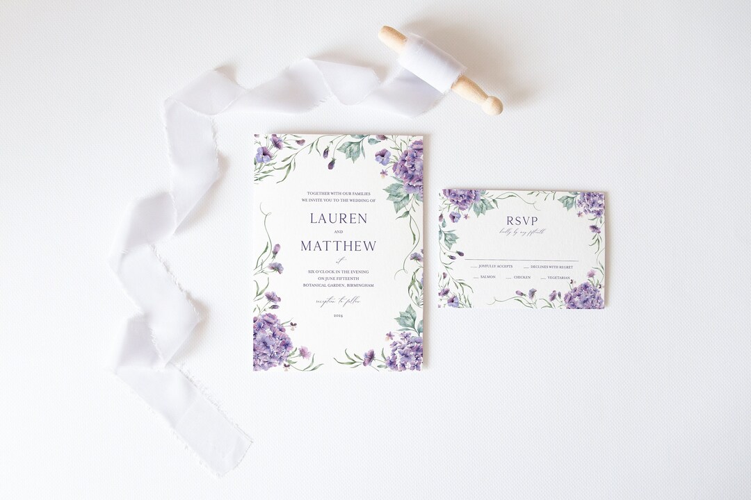 Hydrangea Wedding Invitation Suite, Purple Floral Wedding Invite ...