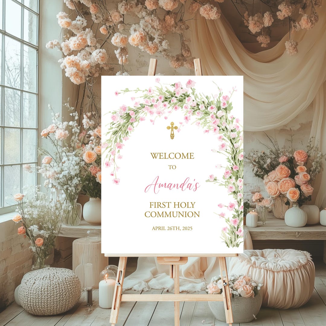 First Holy Communion Welcome Sign Template, 24x30, Pink Floral 1st ...