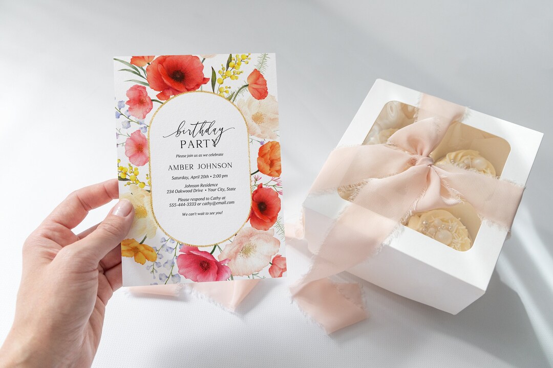 Poppy Birthday Party Invitation, Any Age, Summer Floral Woman's ...