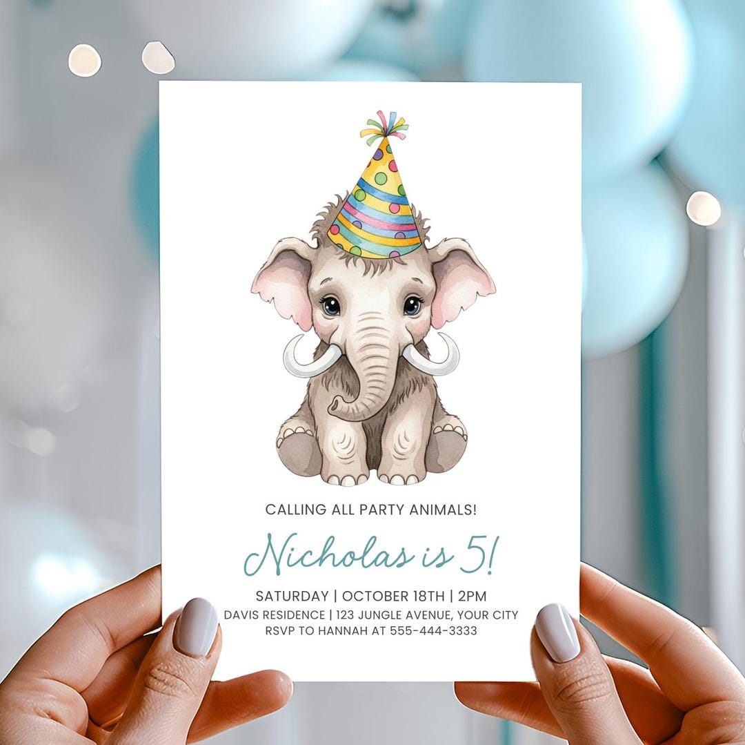 Mammoth Birthday Party Invitation Corjl Template, Watercolor Animal ...