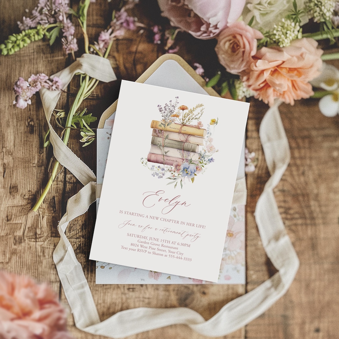 New Chapter Retirement Party Invitation, Stacked Books Send-off Party ...