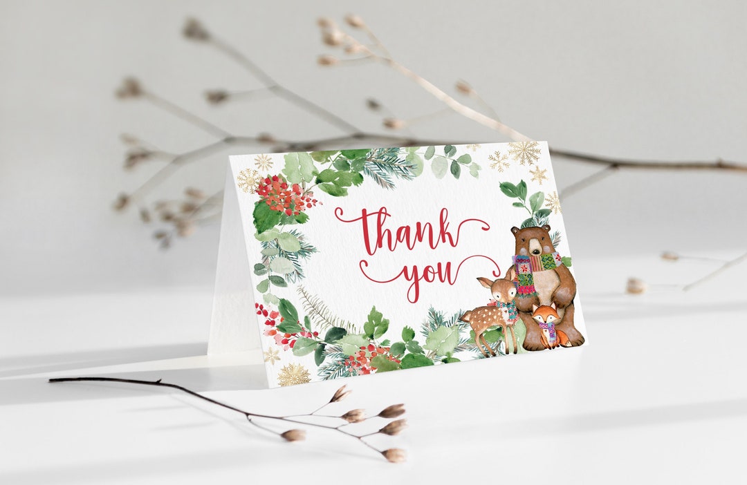 Winter Woodland Animals Thank You Card Christmas Baby Shower - Etsy