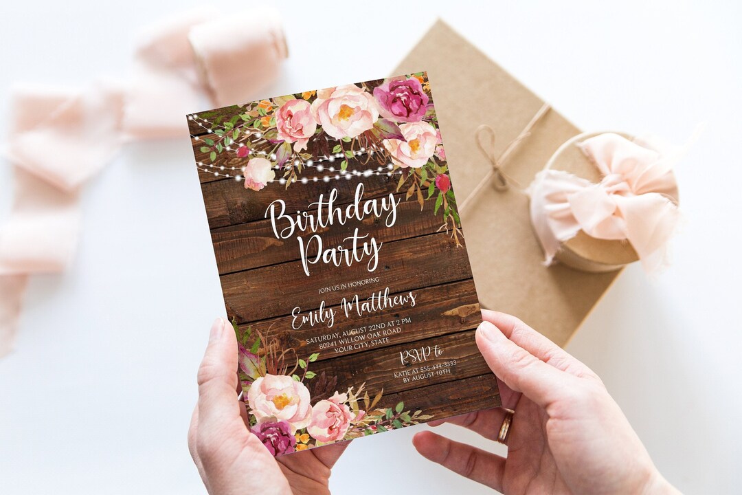 Boho Birthday Party Invitation, Blush Pink Floral Birthday Invite ...