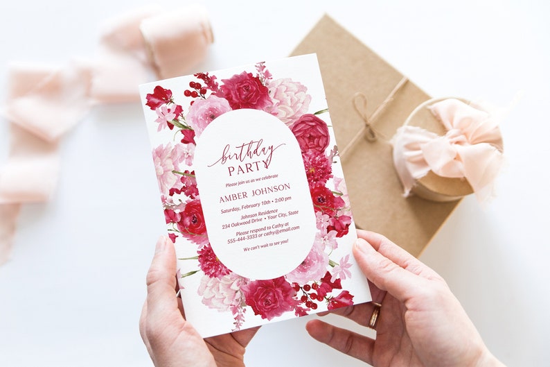 Pink and Red Floral Birthday Party Invitation, Valentine Birthday ...