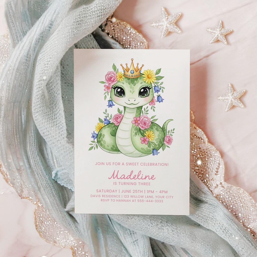 Snake Birthday Invitation Template, Floral Crown, Girl Birthday Party ...