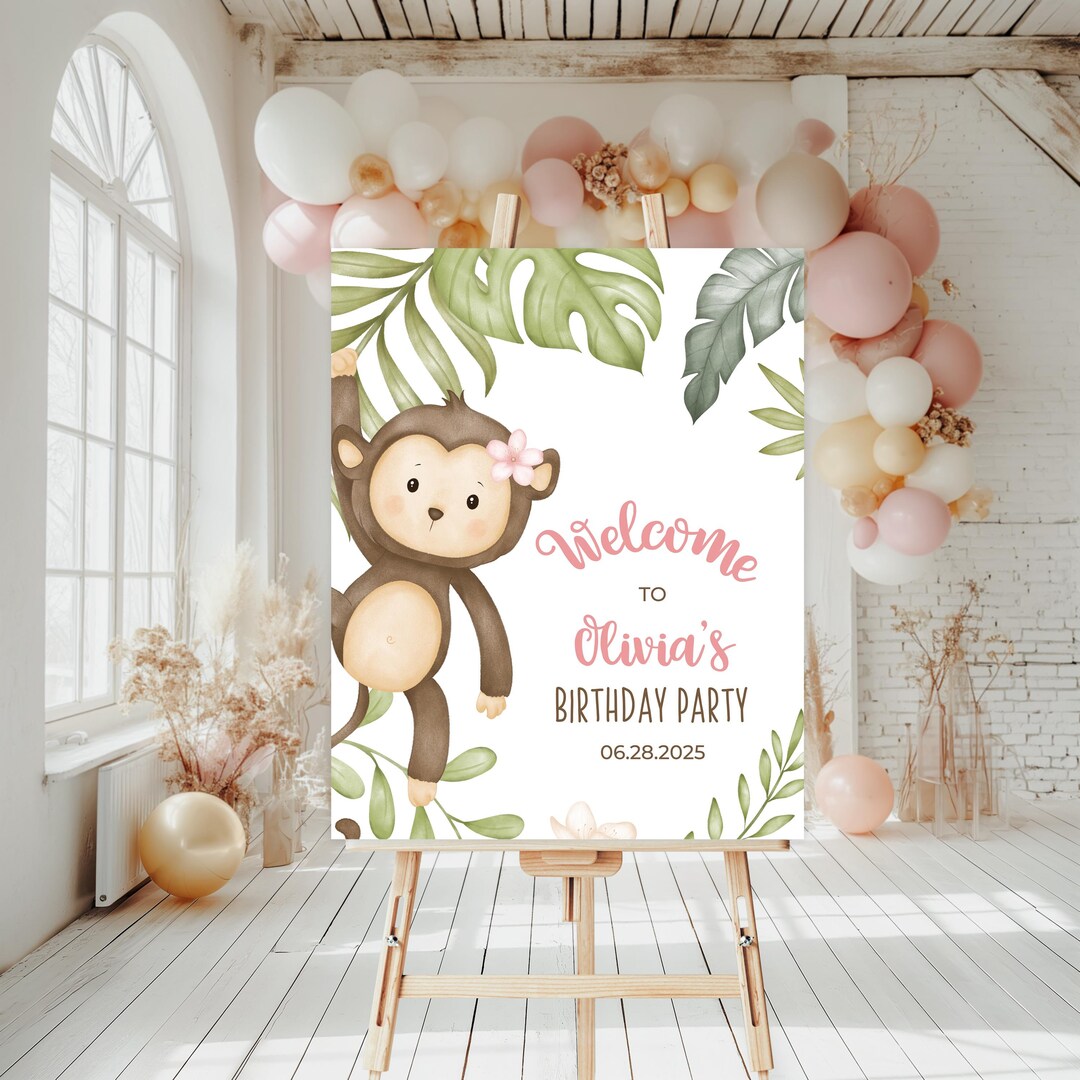 Girl Monkey Welcome Sign, 24x30, Jungle Animal Welcome Poster, Baby ...